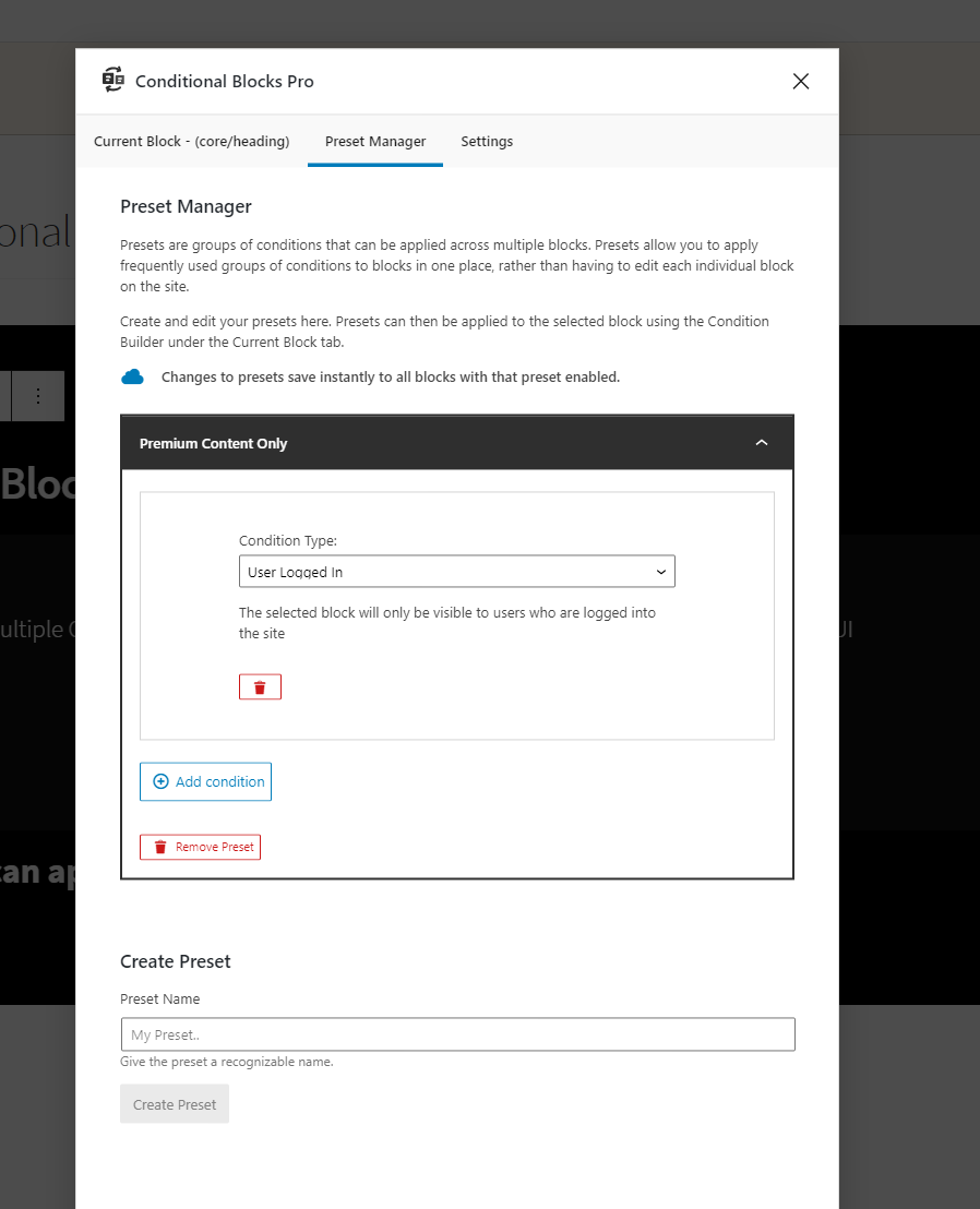 Presets Manager Multiple Wordpress Blocks Conditional Blocks