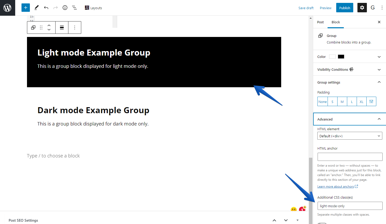 Visibility of WordPress blocks for “prefers-color-scheme”