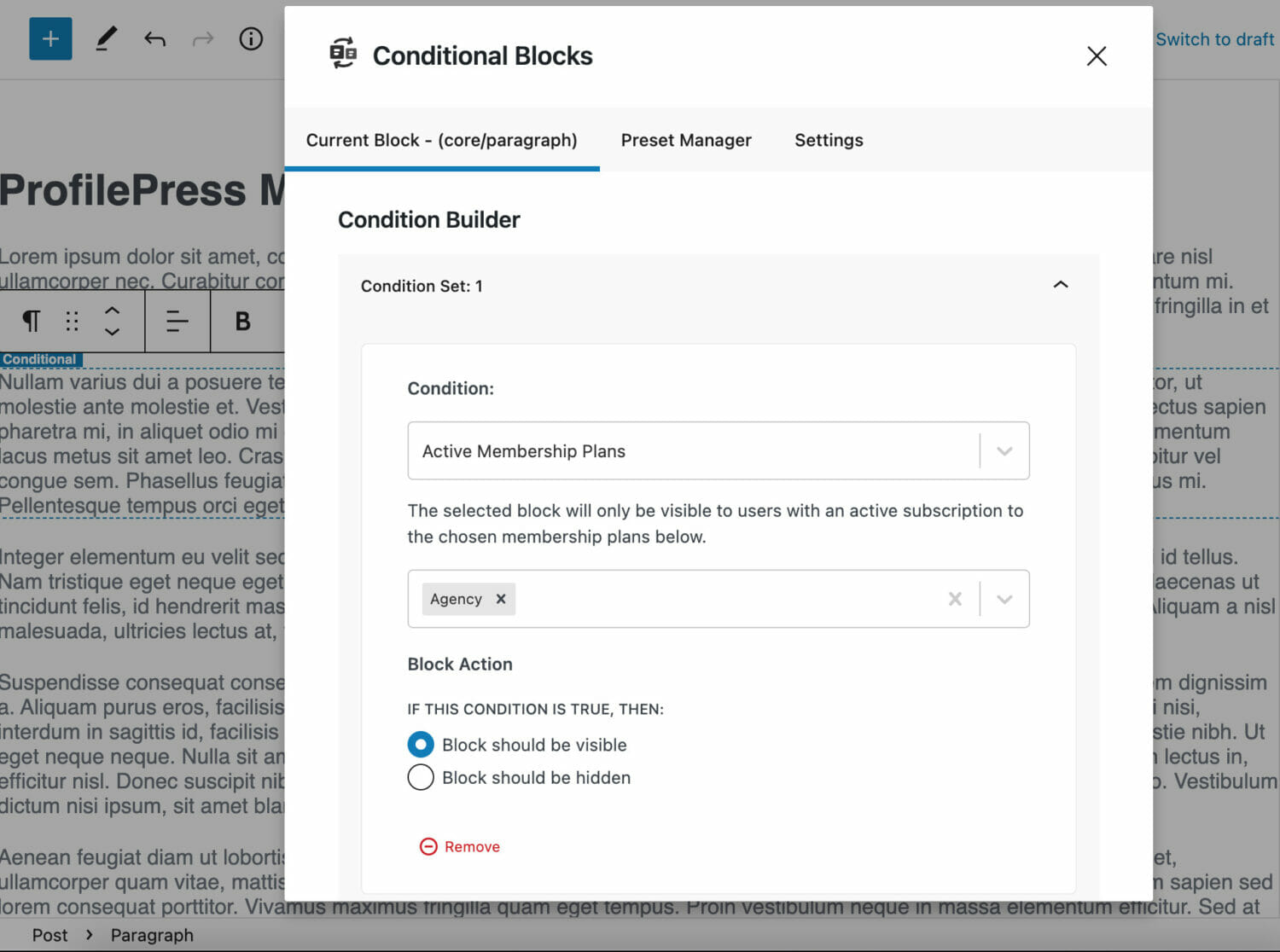 Restrict WordPress Blocks by ProfilePress Membership Plans